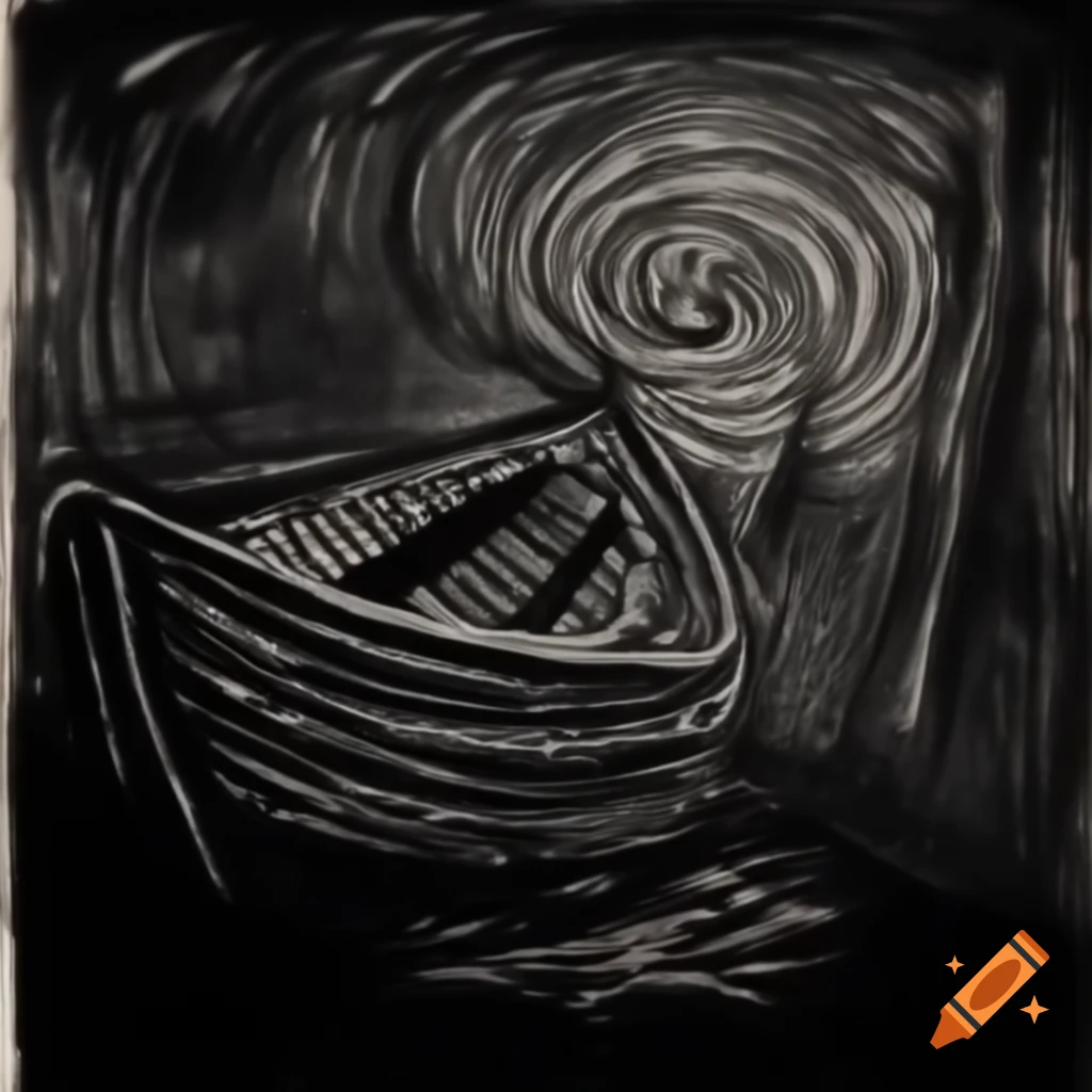 Lino-cut artwork of a wooden boat adrift in inky blackness, featuring ...