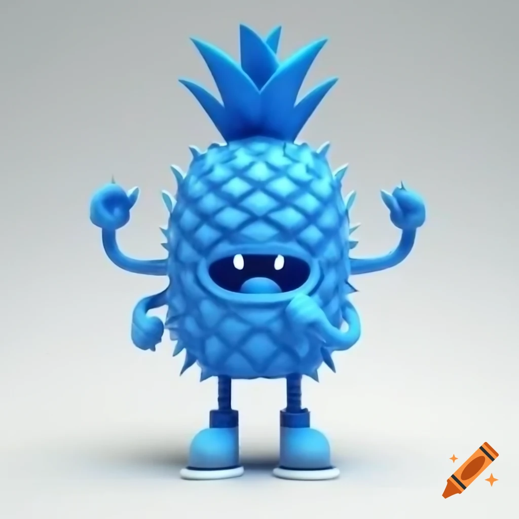 Graphic drawing of a blue pineapple with arms and legs, inspired by ...