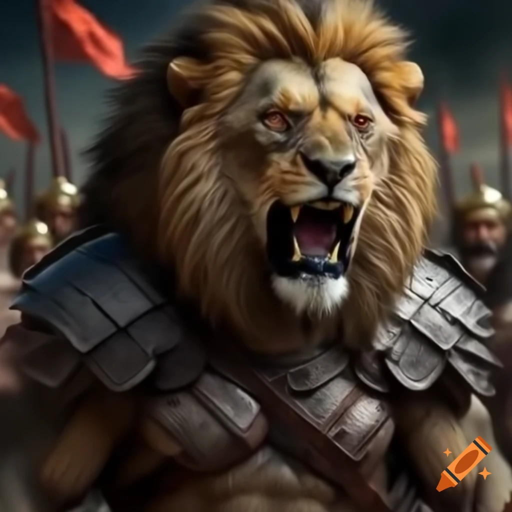 Humanoid lion warrior in ancient battle, ultra-realistic style on Craiyon