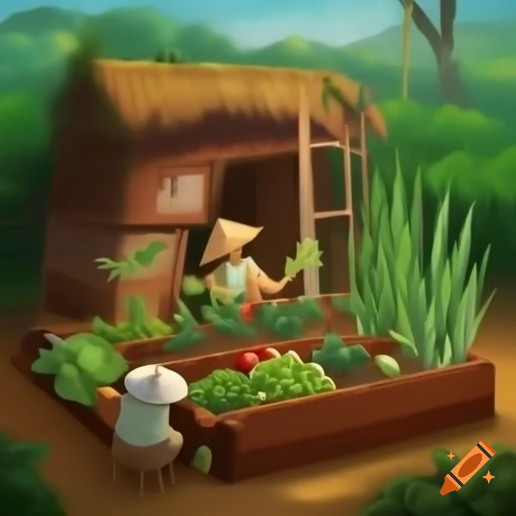 Raised garden bed filled with vegetables next to a traditional nipa hut ...
