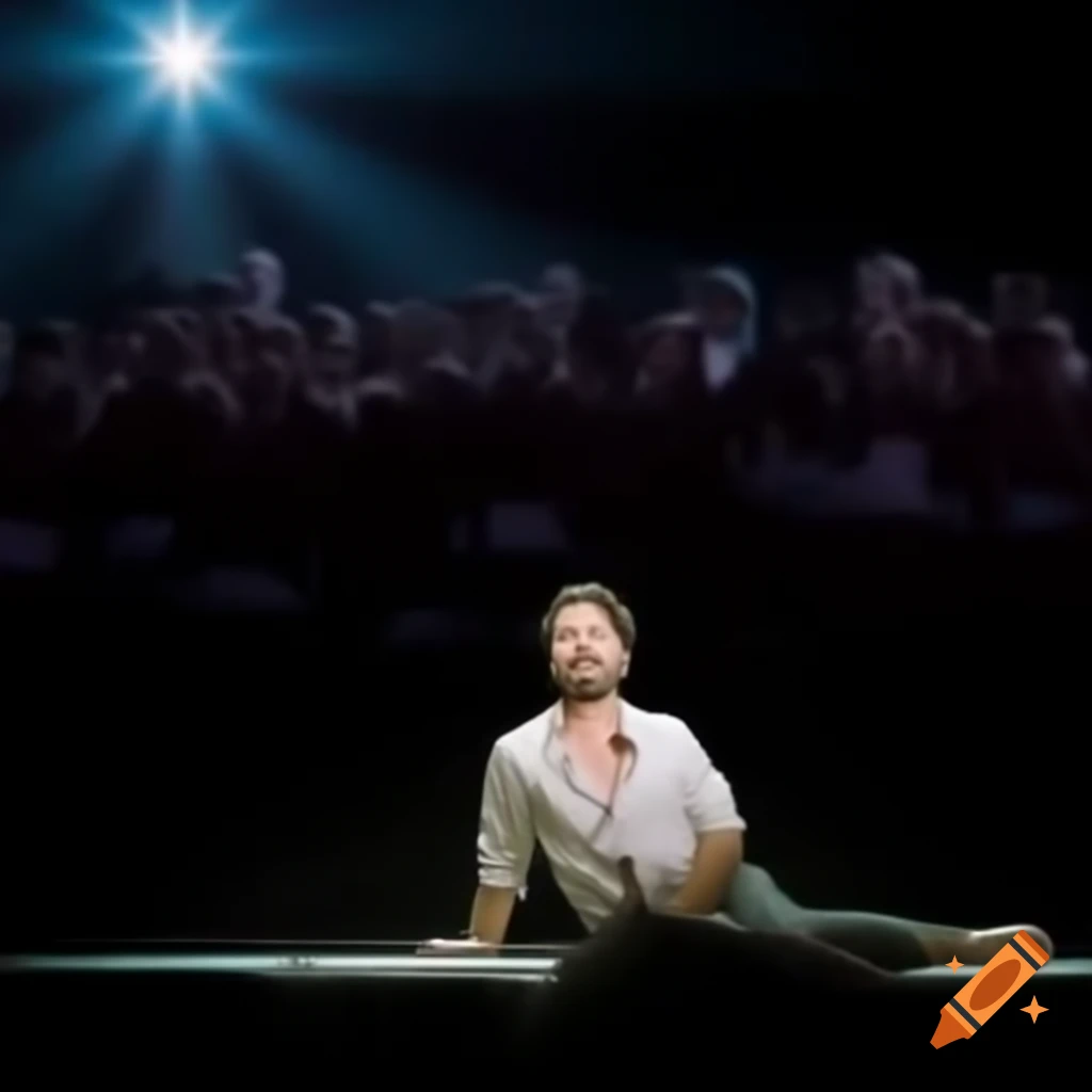 Actor kneeling on stage reciting monologue, spotlight above, audience ...