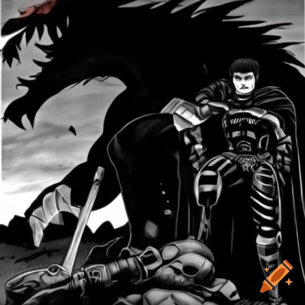 Black and white manga panel of Guts, the Black Swordsman with Dragon ...