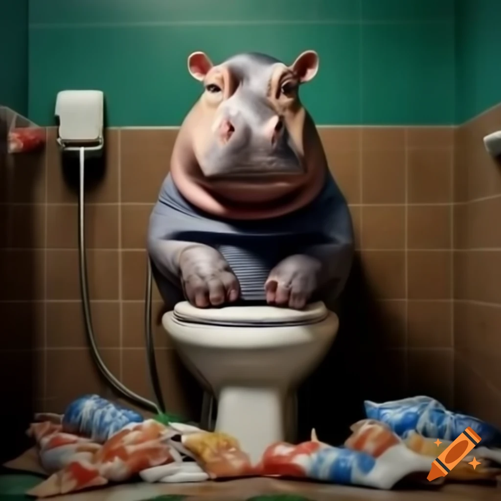 Humorous scene of hippo on toilet using cell phone surrounded by snack ...