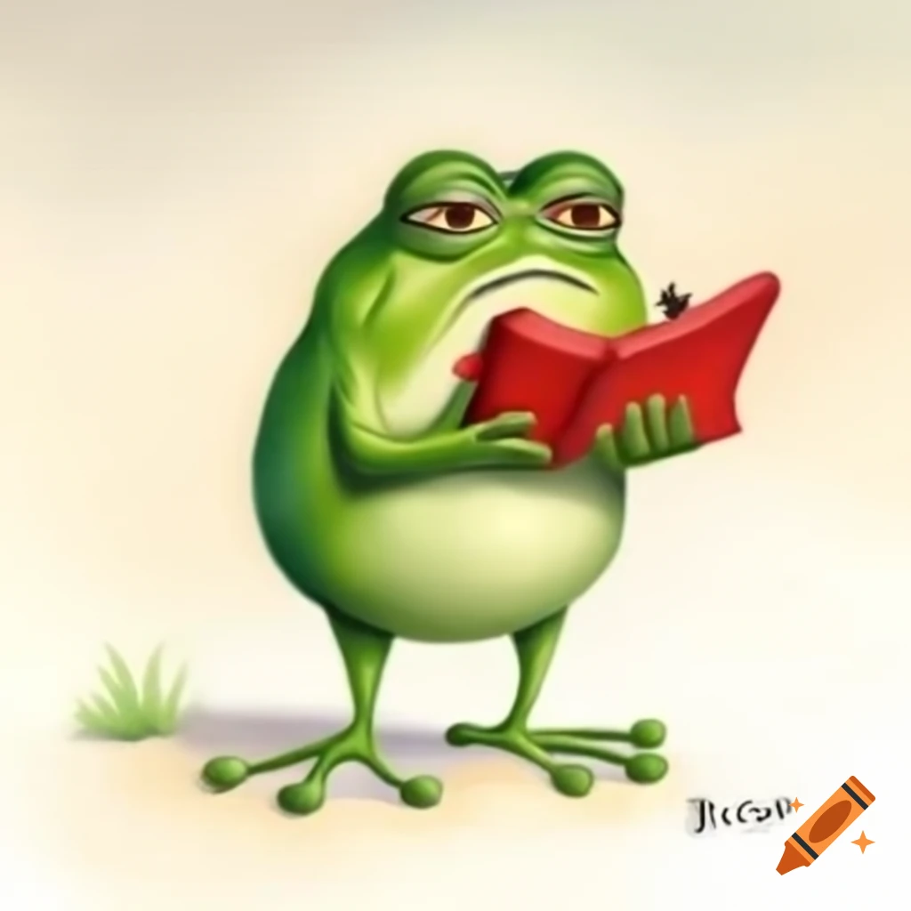Whimsical painting of grumpy frog holding a red decorated pillow on Craiyon