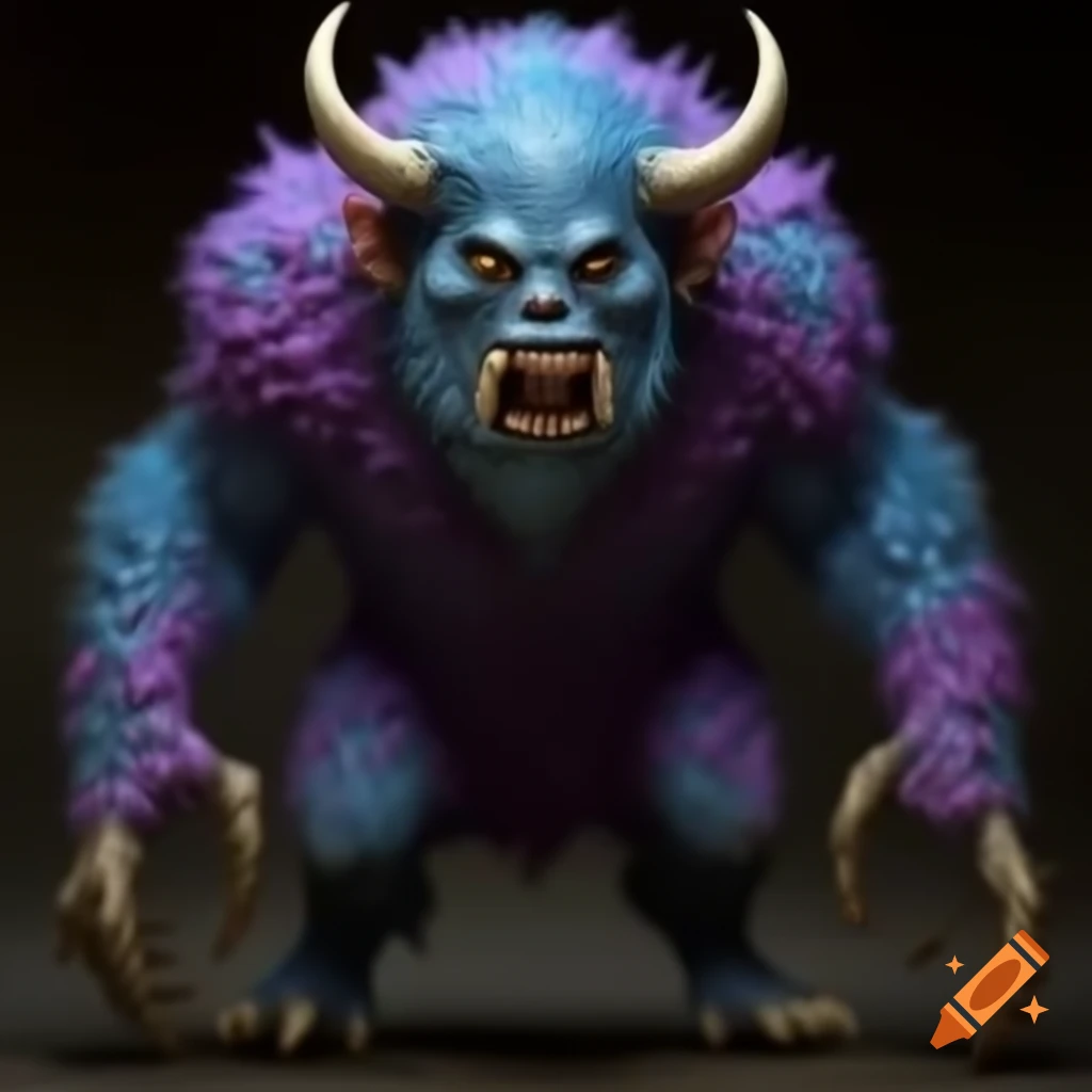 Scary blue furry monster with purple spots and big horns in the dark on ...