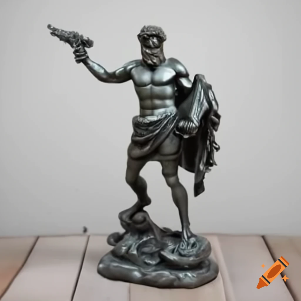 Realistic sculpture of greek god poseidon riding a wave on Craiyon