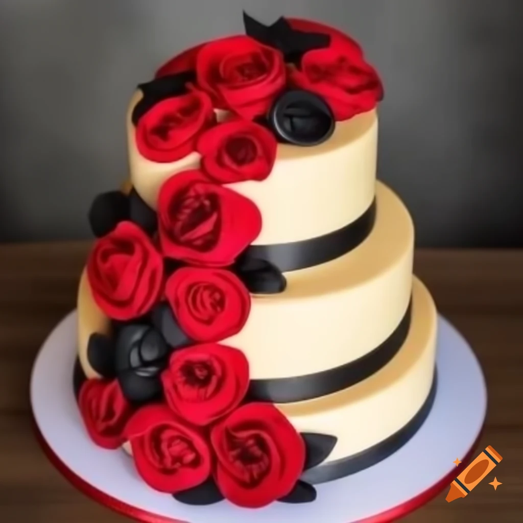 Three tier wedding cake with red icing and intricate black shell piping ...