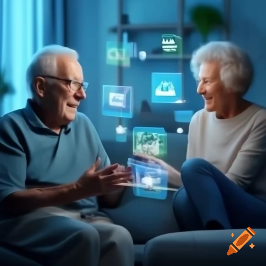 Elderly couple using smart home interface in living room on Craiyon