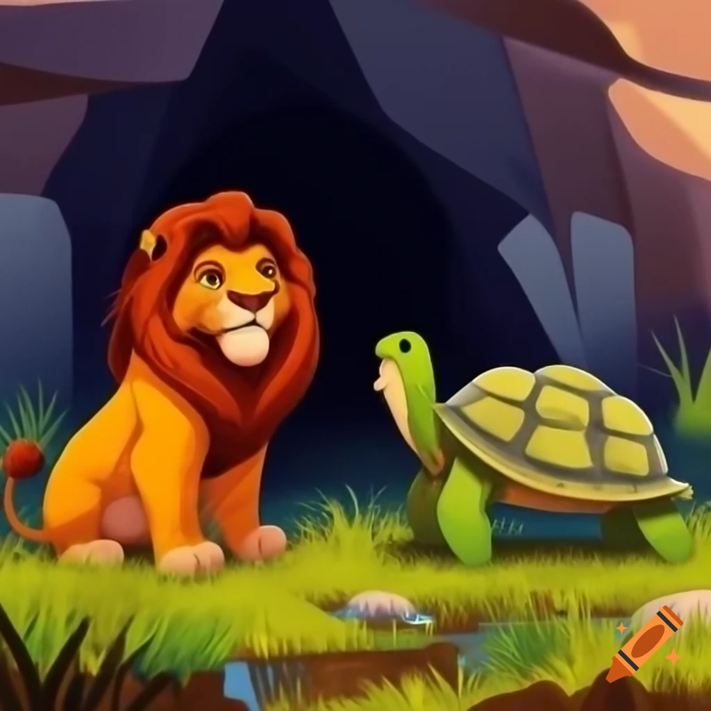Lion and turtle beside each other near a cave in grass plains on Craiyon