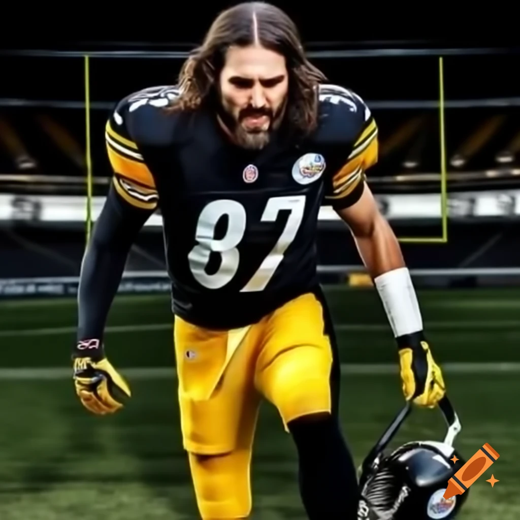 Athletic man resembling Jesus Christ in Pittsburgh Steelers uniform on ...