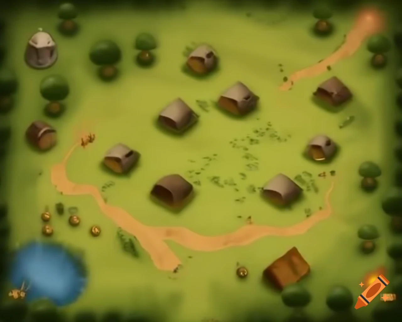 Themed training ground for critters with central trail and small huts on Craiyon