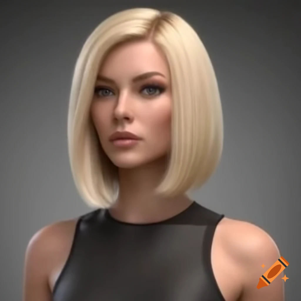 Realistic portrait of a woman with a blond bob haircut wearing a tank ...