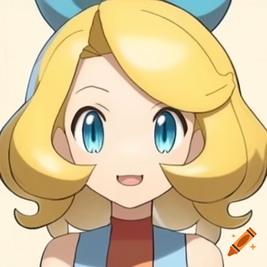 Blue eyed female Pokemon trainer with wavy golden blonde hair in ...