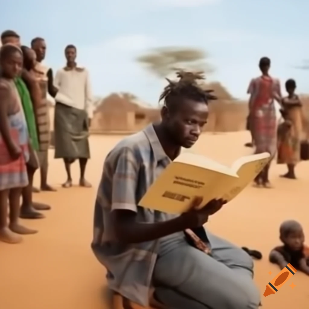 Man reading 'The Pigman' to group in Savannah village on Craiyon