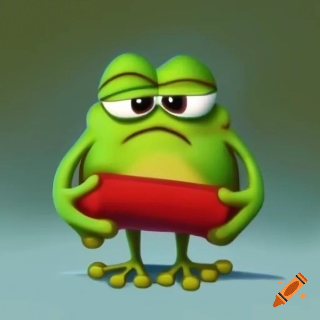Cartoony grumpy frog standing on feet with red cushion, whimsical ...
