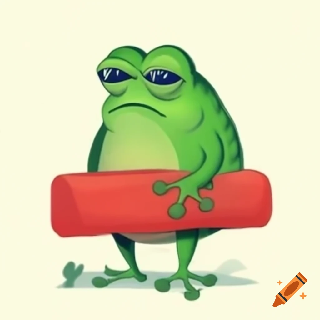 Cartoony grumpy frog standing on feet with red cushion, whimsical ...