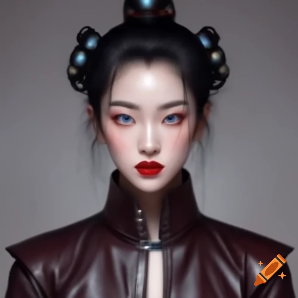 Female model headshot featuring blue eyes, red lipstick, and leather ...