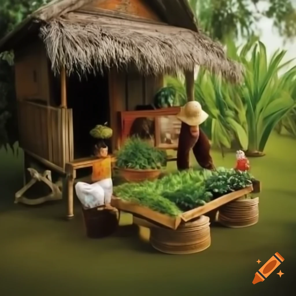 Raised garden bed filled with vegetables next to a traditional nipa hut ...