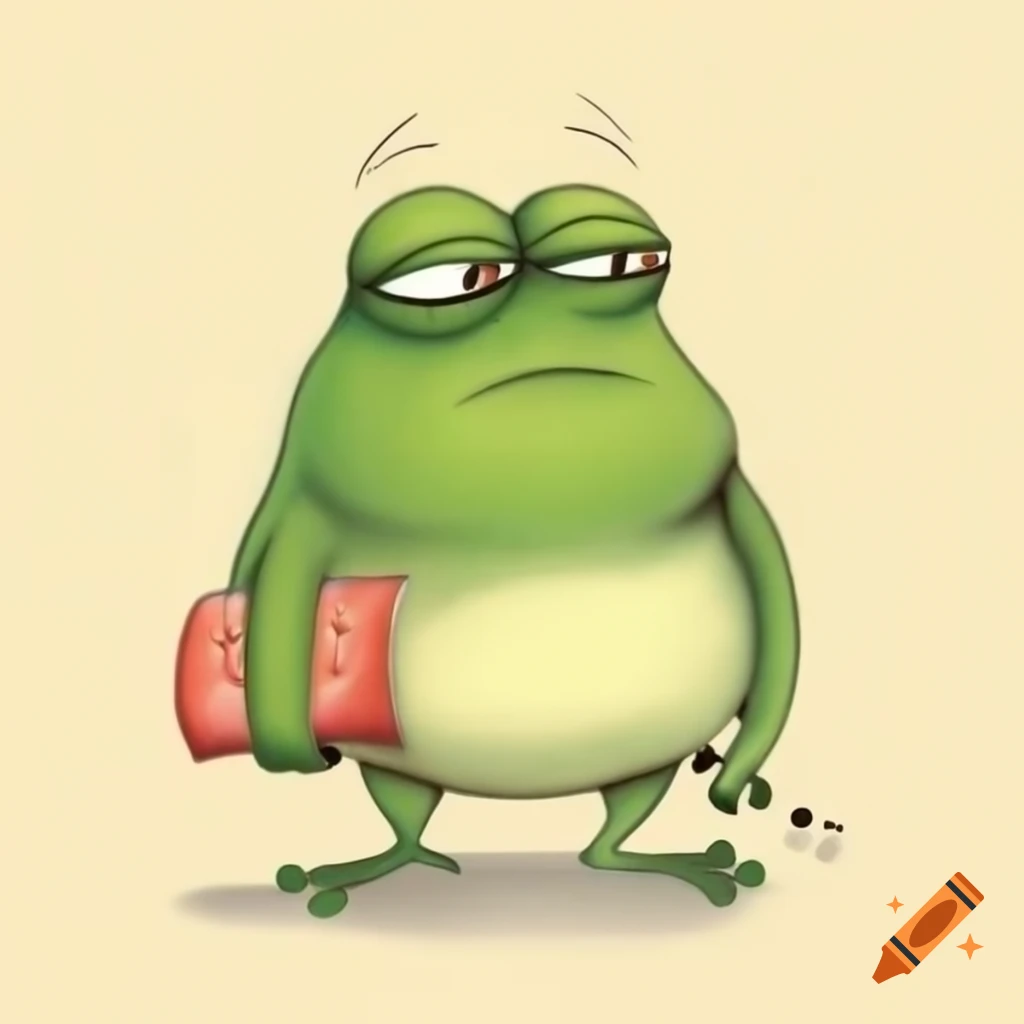 Whimsical painting of grumpy frog holding a red decorated pillow on Craiyon