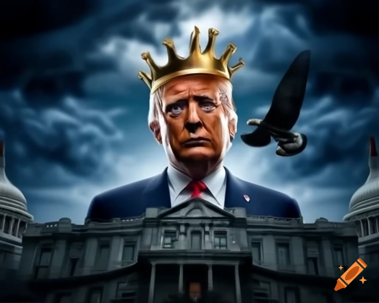 Surreal depiction of Donald Trump with crown over capitol building and ...