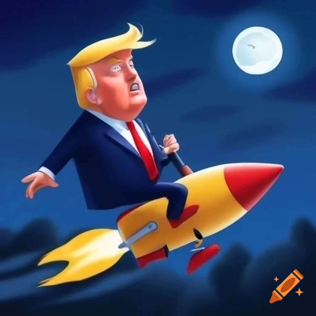 Cartoon Donald Trump riding a rocket to the moon on Craiyon
