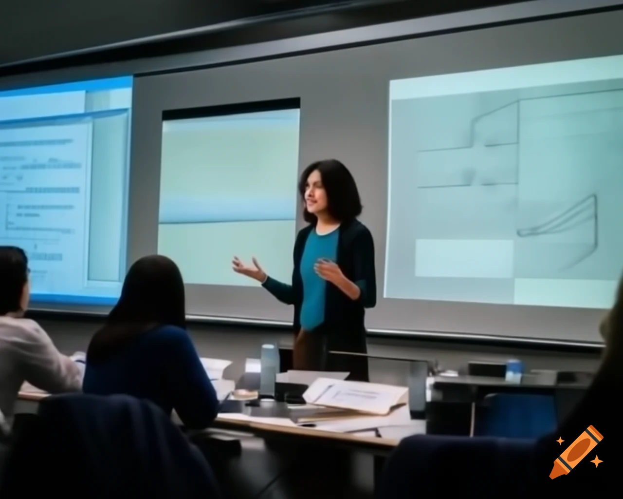 Technical university professor delivering lecture on programming with diagrams and code on Craiyon