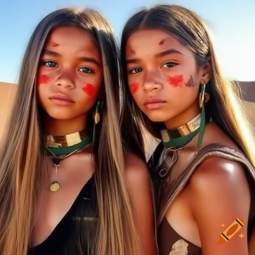 Twins as young native american goddesses with honey-blonde hair and green eyes on Craiyon