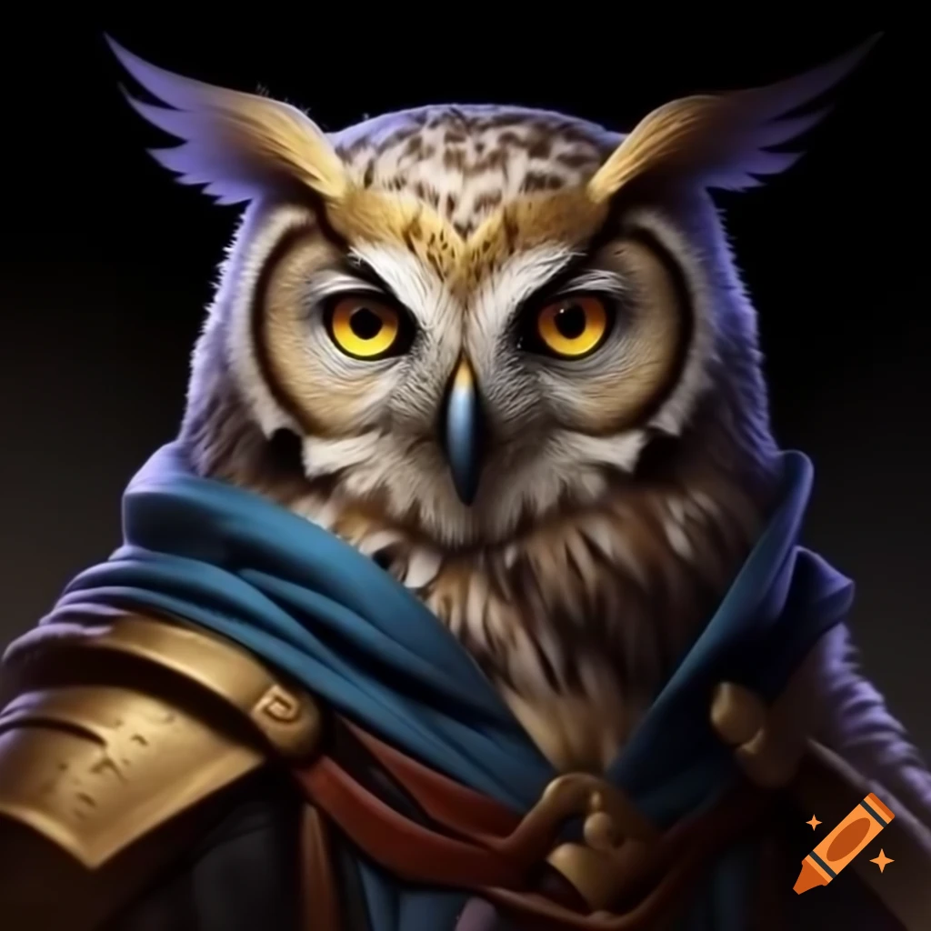Humanoid long-eared owl in noble attire, featuring gold and blue colors ...