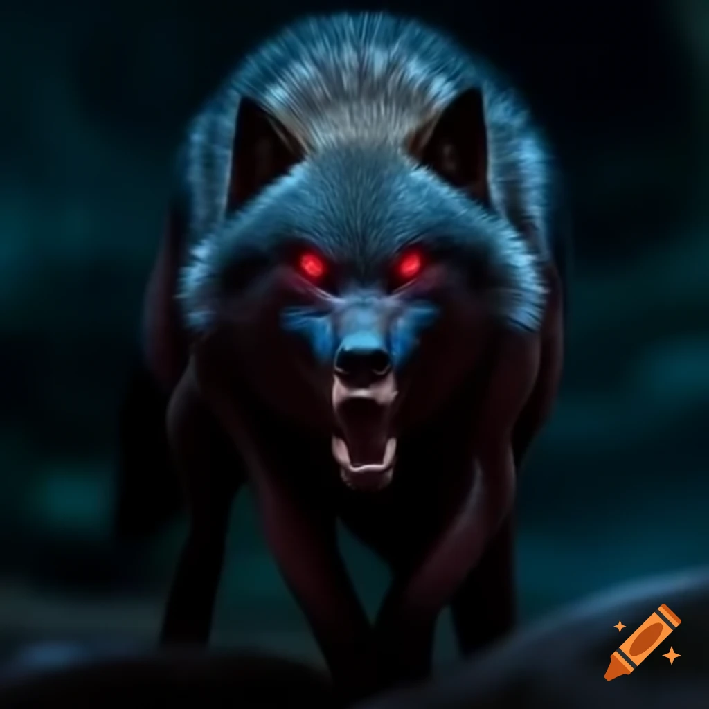 Red-eyed wolf crouched in darkness displaying teeth on Craiyon