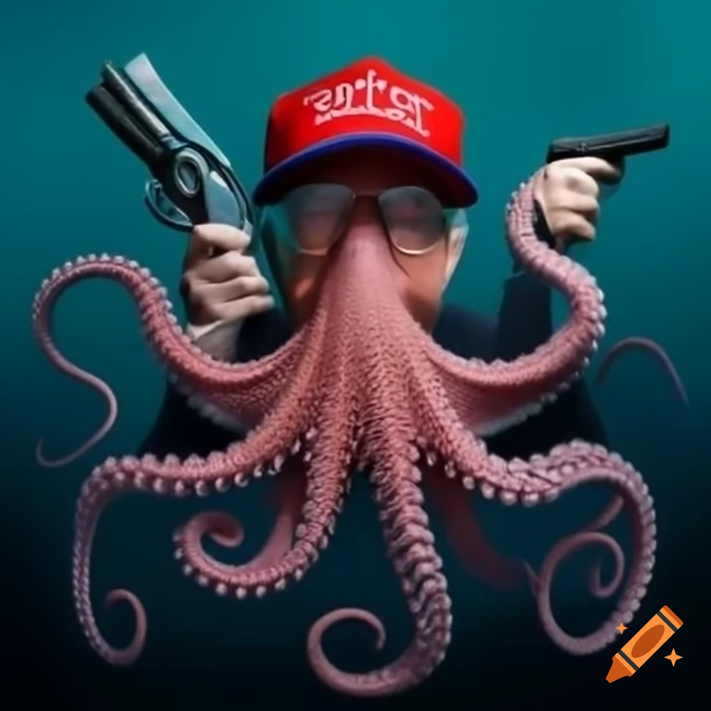 Surreal octopus with Donald Trump head and red cap, holding phone and ...