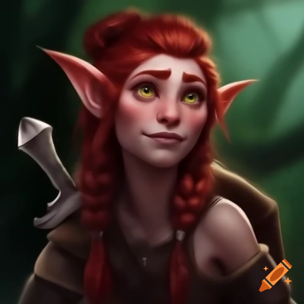 Hyperrealistic halfling ranger with red hair and dagger in a forest on ...