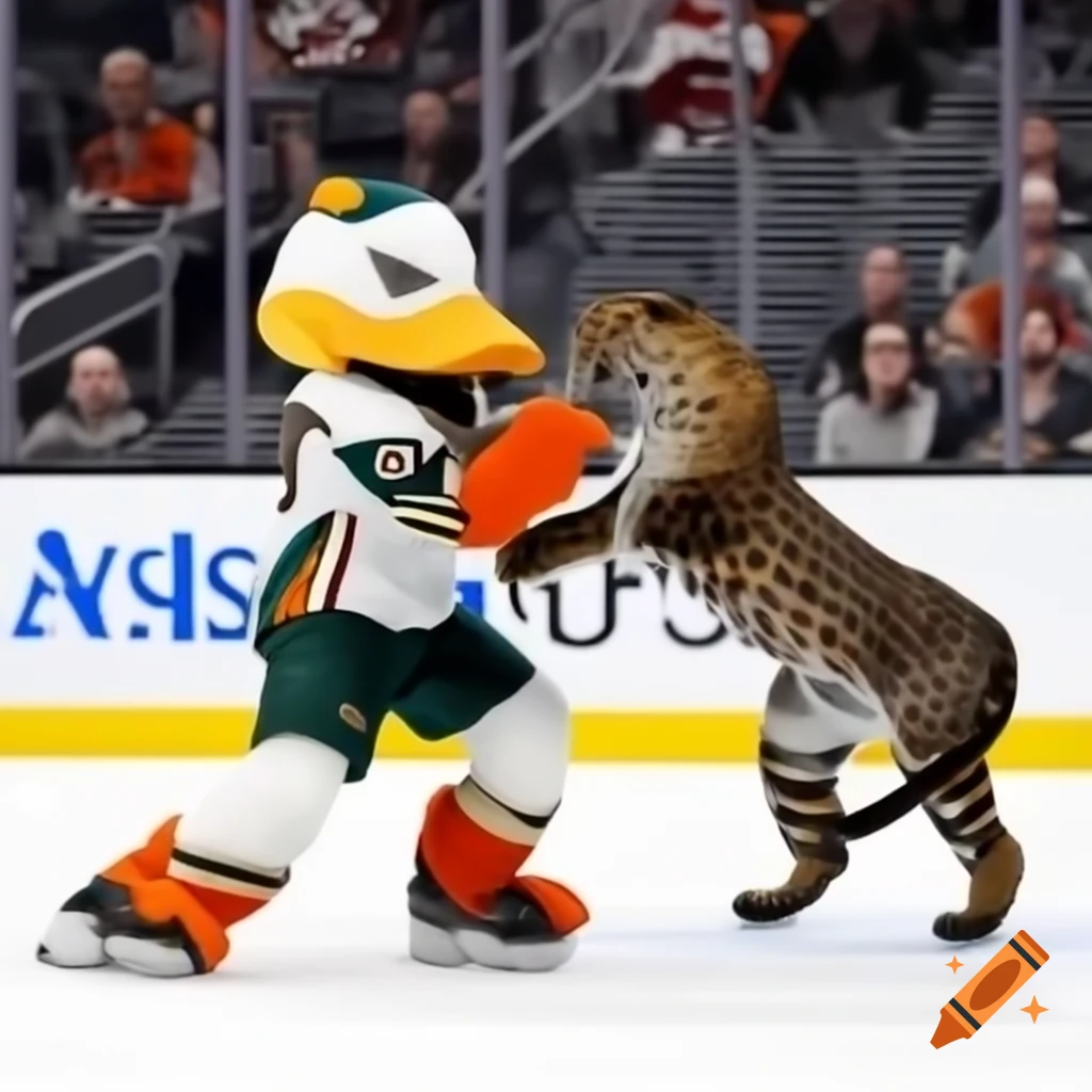 Anaheim ducks mascot wild wing in ice fight with a panther on Craiyon