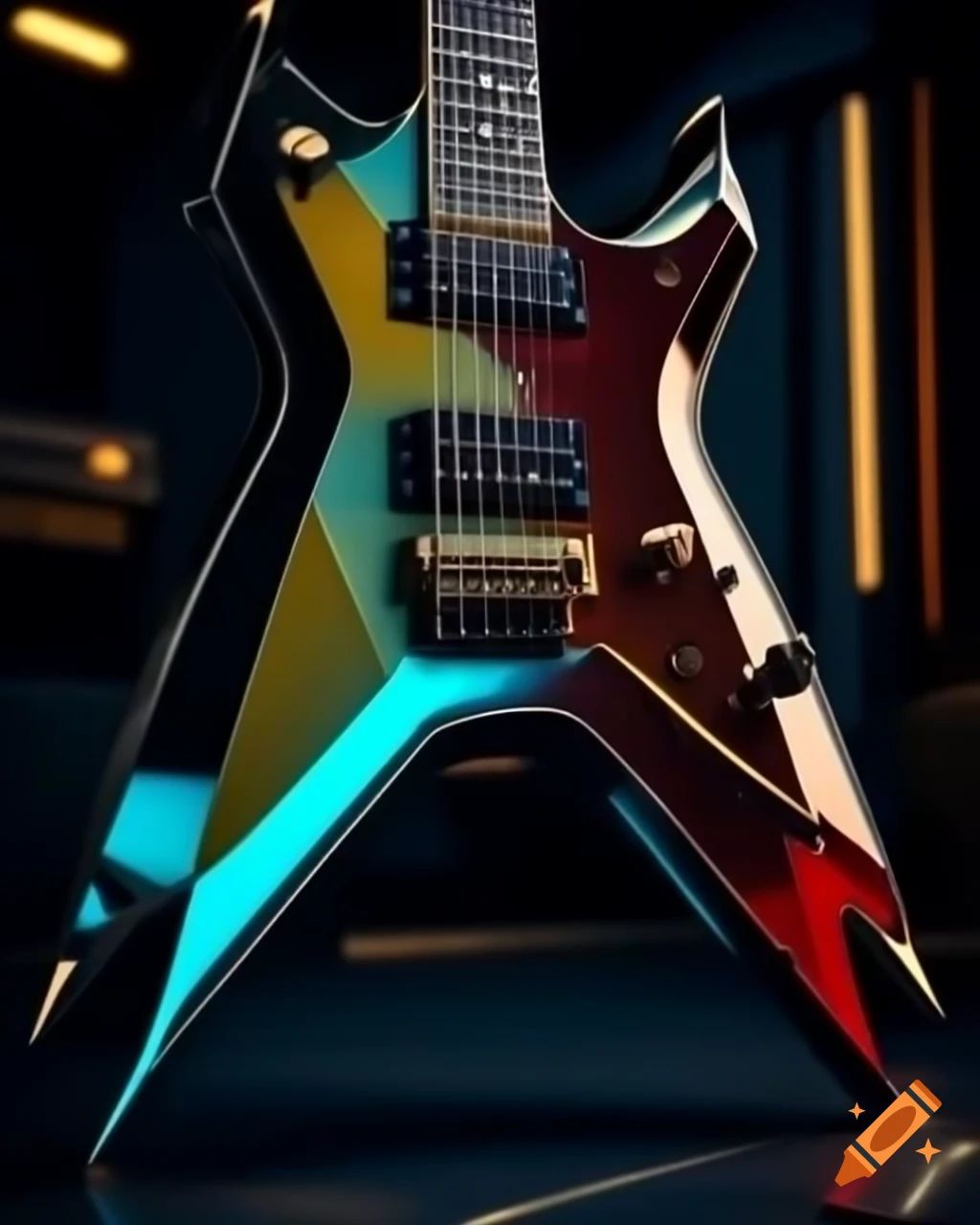 Futuristic electric guitar with sleek design and vibrant colors on Craiyon