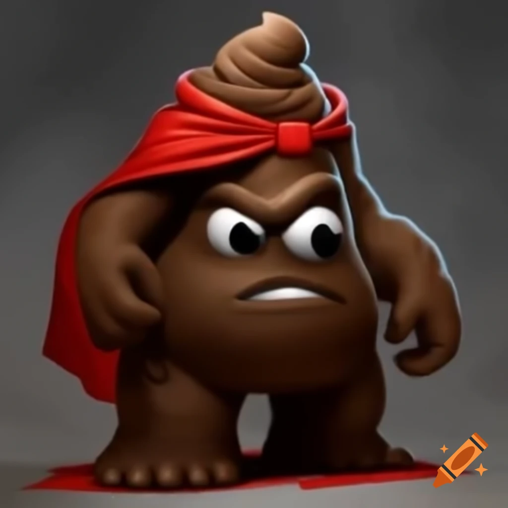 Comical superhero poop man, a turd-shaped figure in red cape and black ...