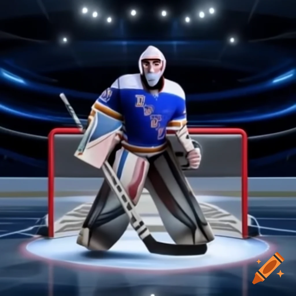 Realistic modern hockey goalie in detailed gear on ice rink on Craiyon