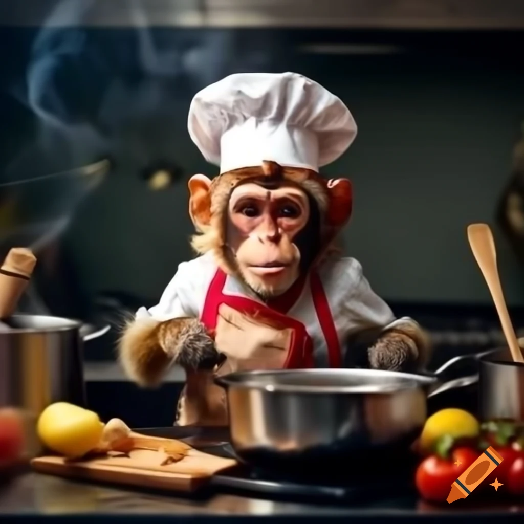 Playful monkey in chef's hat cooking in modern kitchen on Craiyon