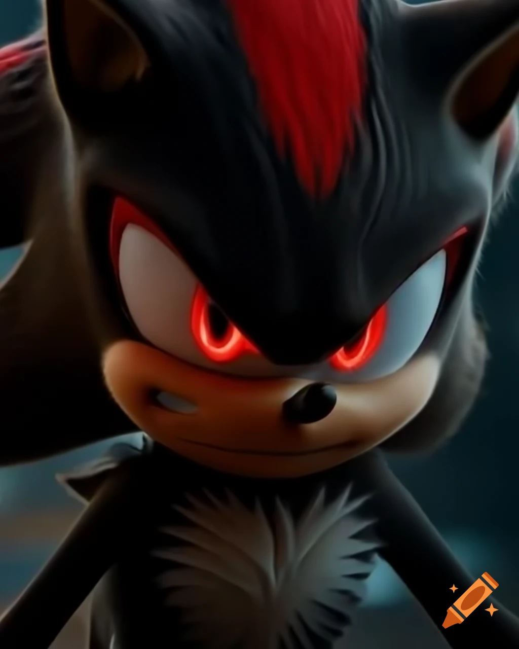 Angry Shadow the Hedgehog with glowing red eyes on Craiyon