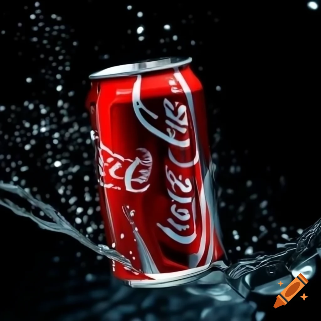 Glistening coca-cola can against black backdrop with dramatic lighting ...