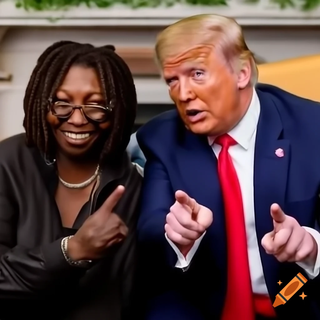 Whoopi Goldberg and Donald Trump smiling and pointing powerfully into ...