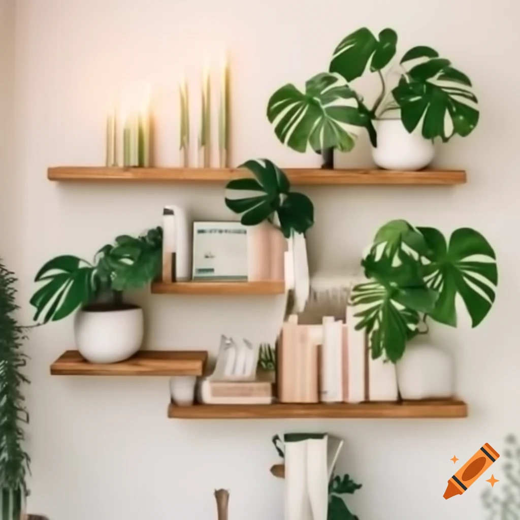 Zen-inspired room corner with wooden shelf and potted plants, including ...