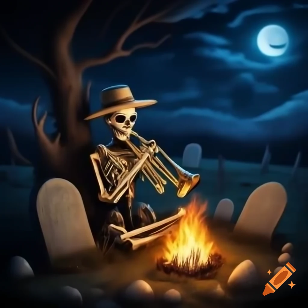 Skeleton playing trumpet by campfire in moonlit graveyard, wearing ...