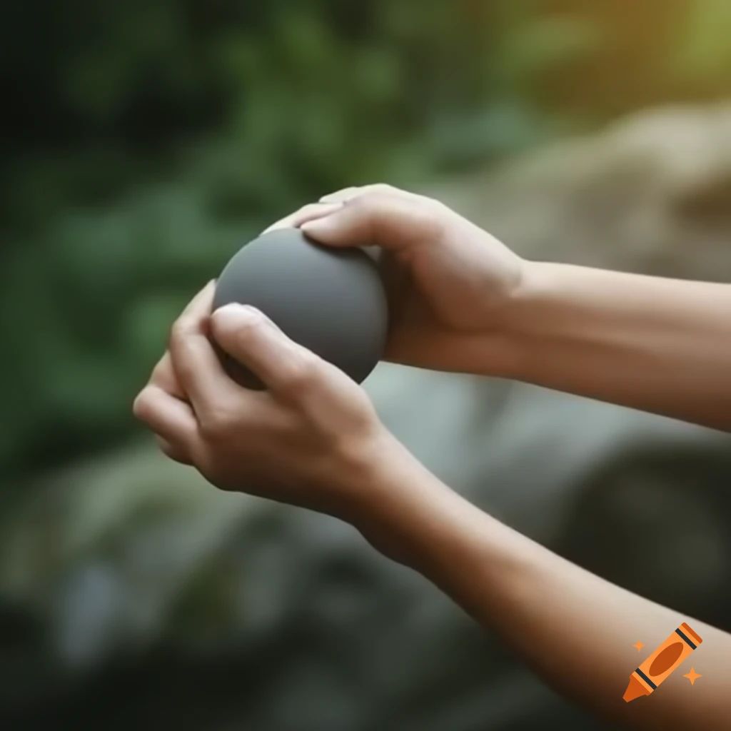 Stone being squeezed like a stress ball in a forest setting on Craiyon
