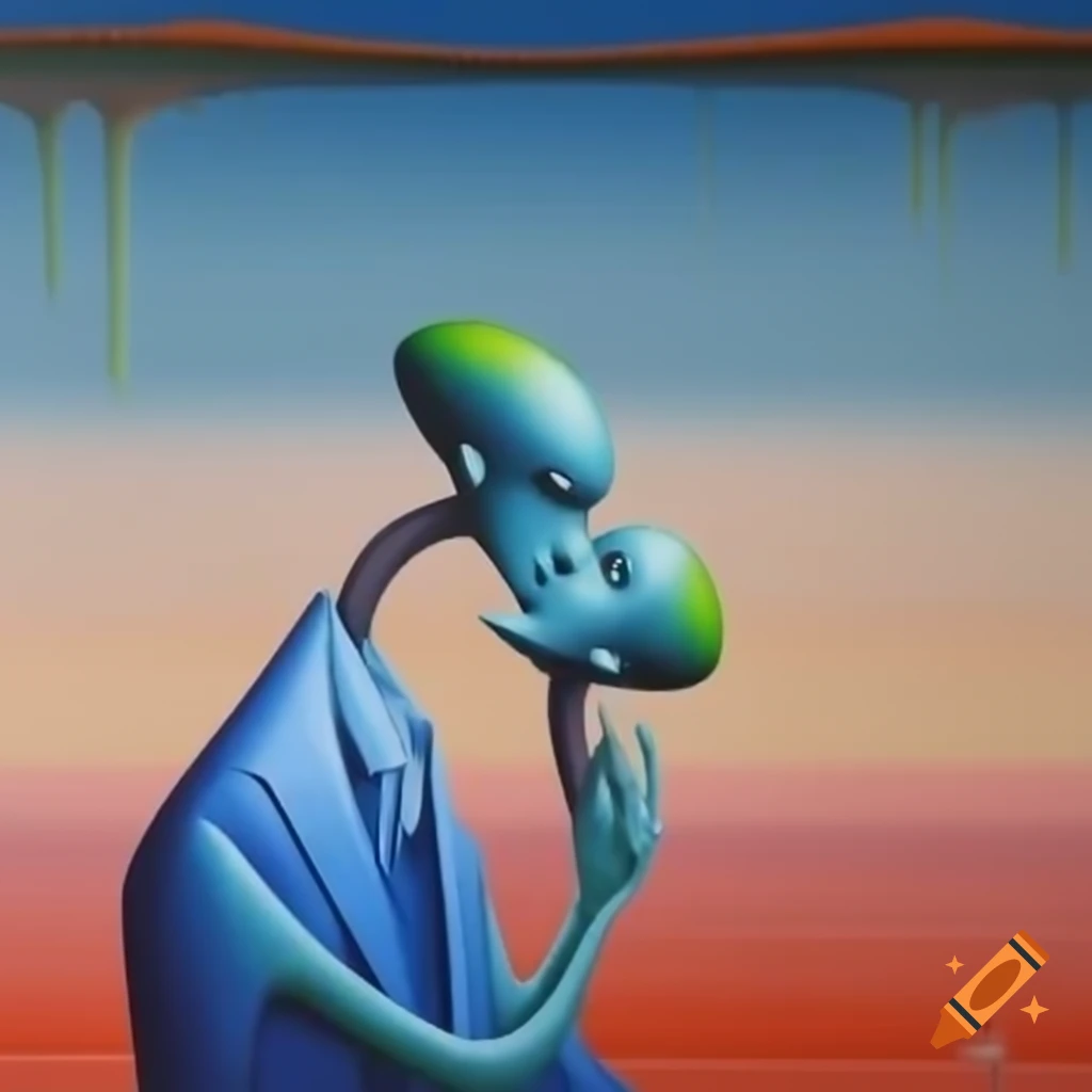 Surreal painting of melting figures kissing in dali style featuring an ...