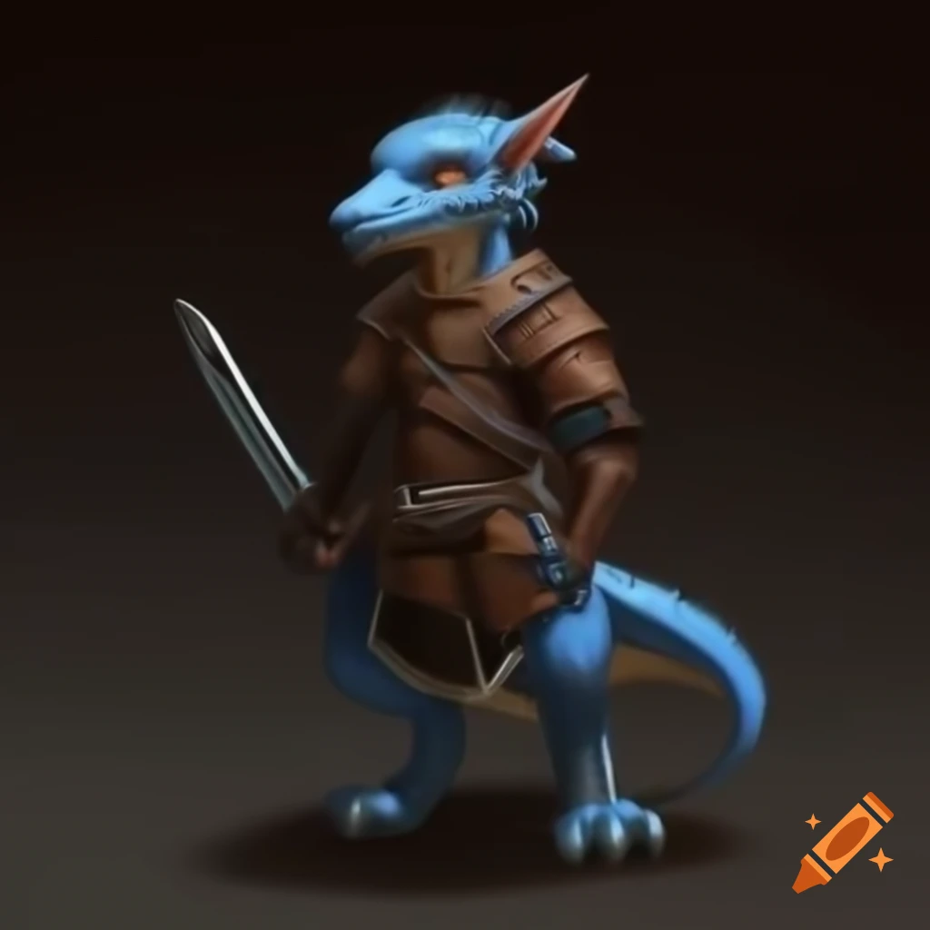 Azure Kobold warrior in leather armor preparing for a journey on Craiyon