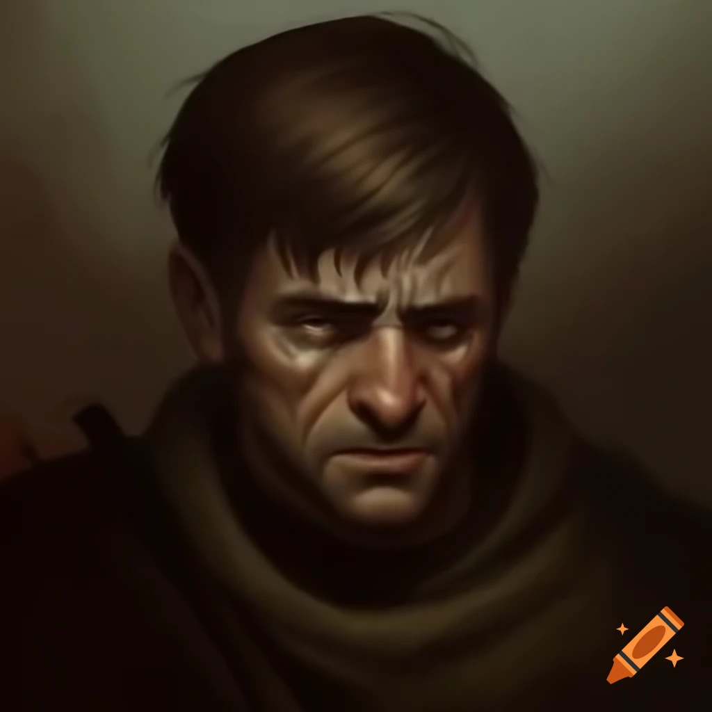 Scarred medieval soldier concept art with short brown hair on Craiyon
