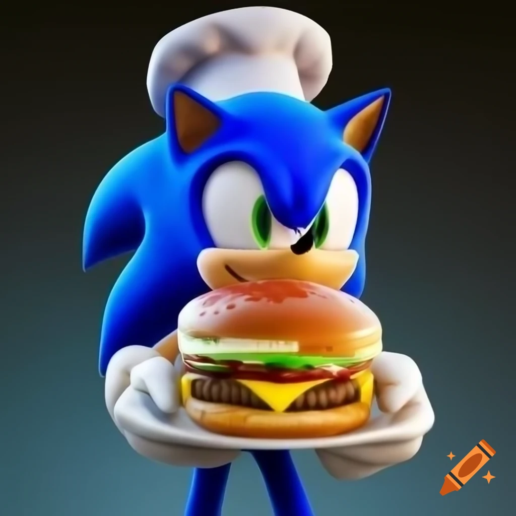 Sonic the Hedgehog as a chef presenting a juicy burger in 3D rendering ...