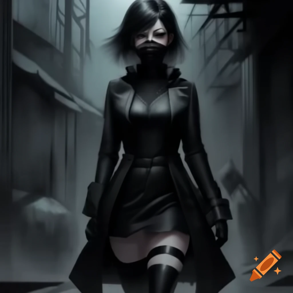 Goth anime woman in black trenchcoat and respirator in industrial ...