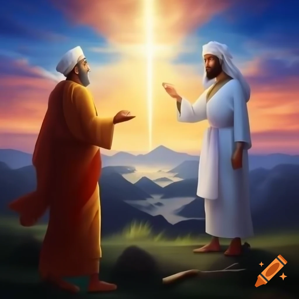 Artistic illustration of Prophet Ibrahim with his son Ismail and a ram on hilltop on Craiyon