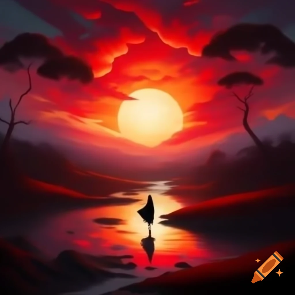 Black woman in flowing reddish black cloak walking by river during crimson sunset on Craiyon