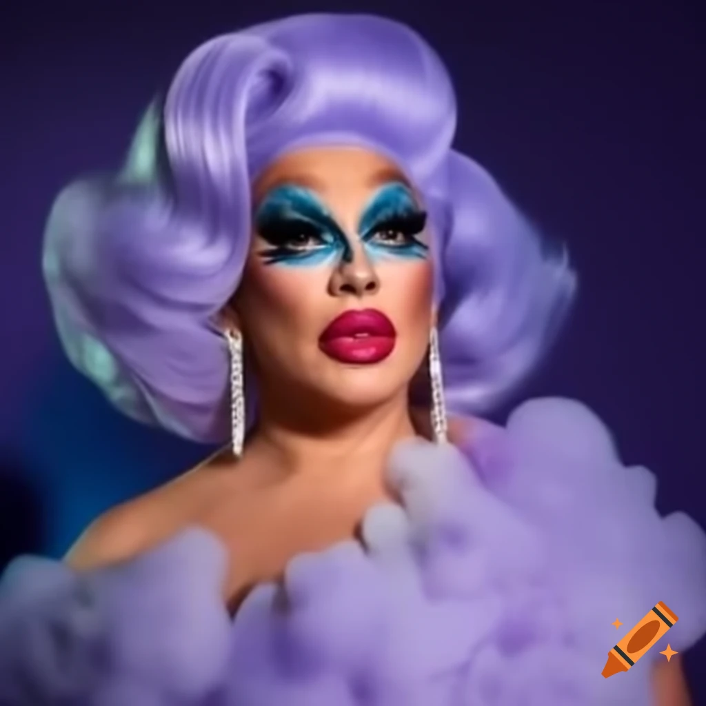 Drag queen Minty Fresh wearing cloud dress for promo headshot on Craiyon